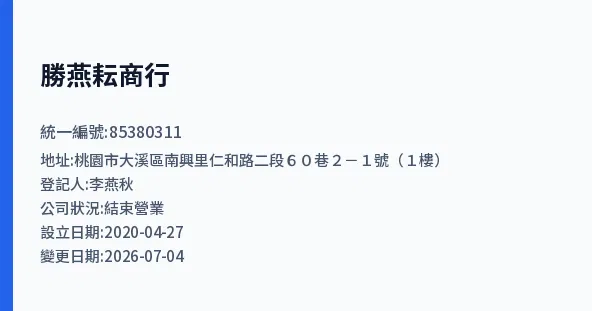 勝燕耘商行的照片-統編 85380311(桃園市) 公司登記資料與營業項目詳細圖表