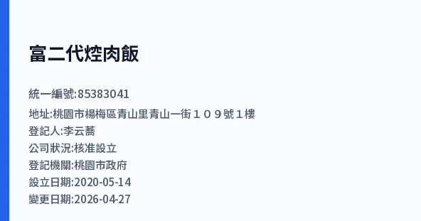 富二代焢肉飯的照片-統編 85383041(桃園市) 公司登記資料與營業項目詳細圖表