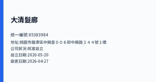 大清髮廊的照片-統編 85383984(桃園市) 公司登記資料與營業項目詳細圖表