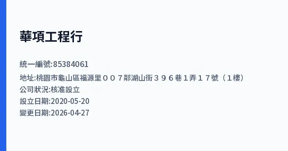 華項工程行的照片-統編 85384061(桃園市) 公司登記資料與營業項目詳細圖表