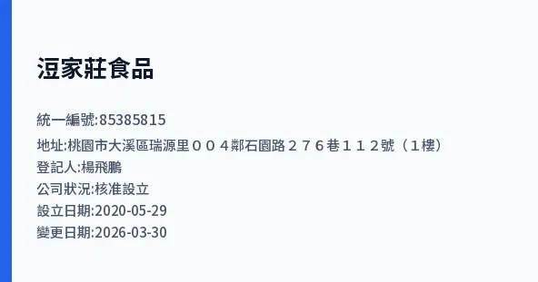 浢家莊食品的照片-統編 85385815(桃園市) 公司登記資料與營業項目詳細圖表