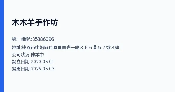 木木羊手作坊的照片-統編 85386096(桃園市) 公司登記資料與營業項目詳細圖表