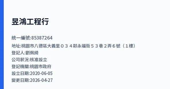 昱鴻工程行的照片-統編 85387264(桃園市) 公司登記資料與營業項目詳細圖表