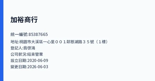 加裕商行的照片-統編 85387665(桃園市) 公司登記資料與營業項目詳細圖表