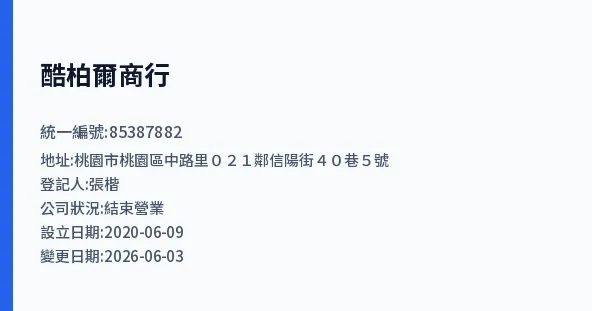 酷柏爾商行的照片-統編 85387882(桃園市) 公司登記資料與營業項目詳細圖表