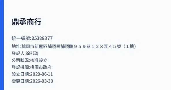 鼎承商行的照片-統編 85388377(桃園市) 公司登記資料與營業項目詳細圖表