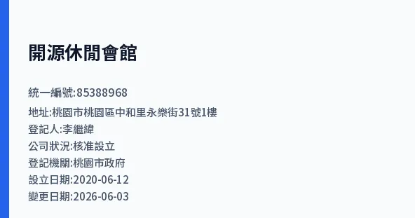 開源休閒會館的照片-統編 85388968(桃園市) 公司登記資料與營業項目詳細圖表