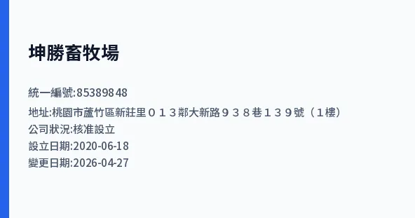 坤勝畜牧場的照片-統編 85389848(桃園市) 公司登記資料與營業項目詳細圖表