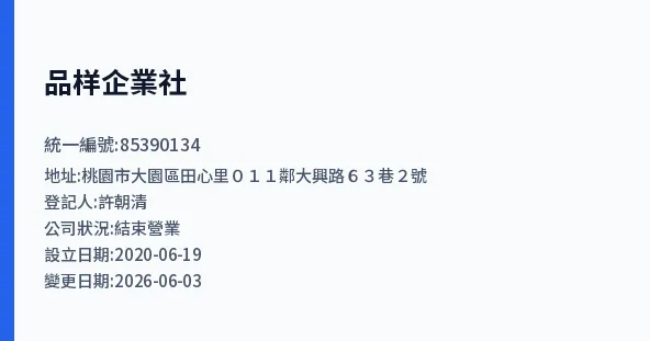 品样企業社的照片-統編 85390134(桃園市) 公司登記資料與營業項目詳細圖表