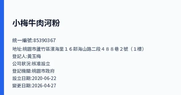 小梅牛肉河粉的照片-統編 85390367(桃園市) 公司登記資料與營業項目詳細圖表