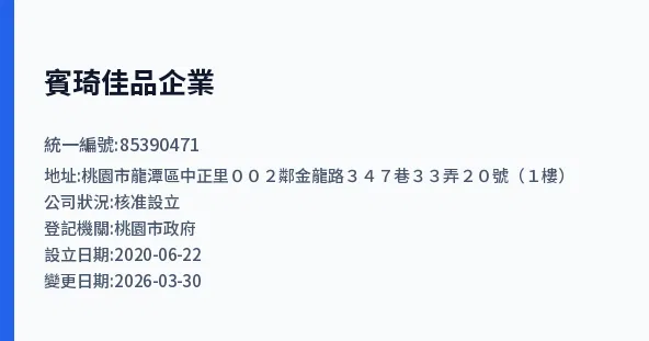 賓琦佳品企業的照片-統編 85390471(桃園市) 公司登記資料與營業項目詳細圖表