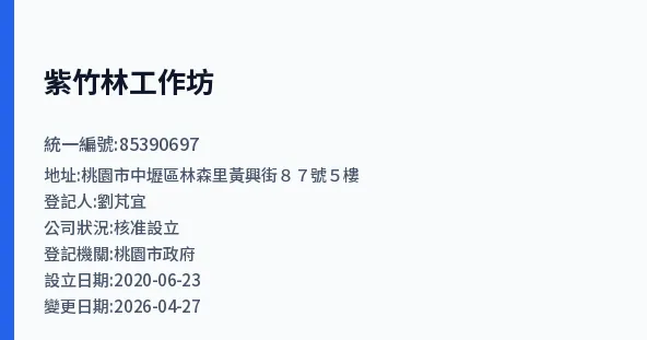 紫竹林工作坊的照片-統編 85390697(桃園市) 公司登記資料與營業項目詳細圖表