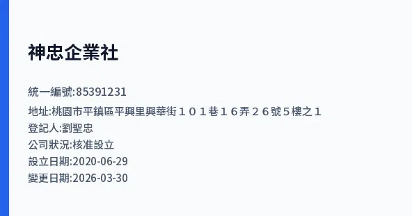 神忠企業社的照片-統編 85391231(桃園市) 公司登記資料與營業項目詳細圖表