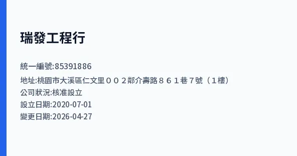 瑞發工程行的照片-統編 85391886(桃園市) 公司登記資料與營業項目詳細圖表