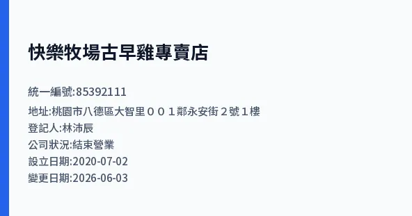 快樂牧場古早雞專賣店的照片-統編 85392111(桃園市) 公司登記資料與營業項目詳細圖表