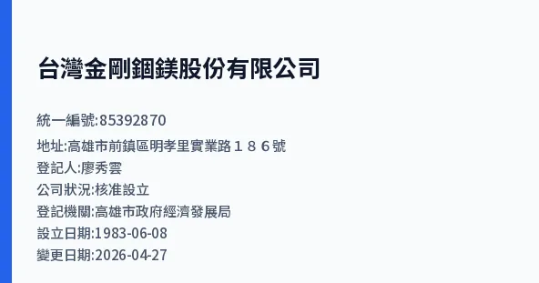 台灣金剛錮鎂股份有限公司的照片-統編 85392870(高雄市) 公司登記資料與營業項目詳細圖表