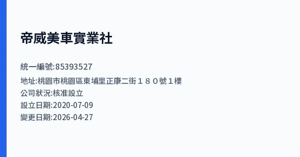帝威美車實業社的照片-統編 85393527(桃園市) 公司登記資料與營業項目詳細圖表