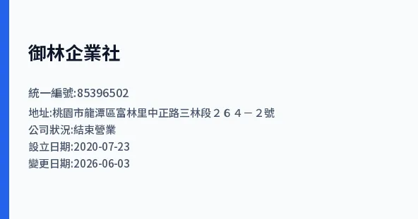 御林企業社的照片-統編 85396502(桃園市) 公司登記資料與營業項目詳細圖表