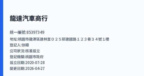 龍達汽車商行的照片-統編 85397349(桃園市) 公司登記資料與營業項目詳細圖表