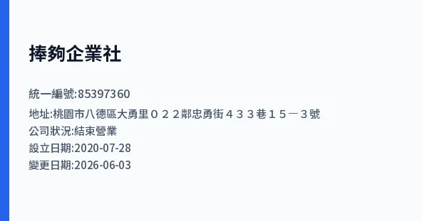 捧夠企業社的照片-統編 85397360(桃園市) 公司登記資料與營業項目詳細圖表