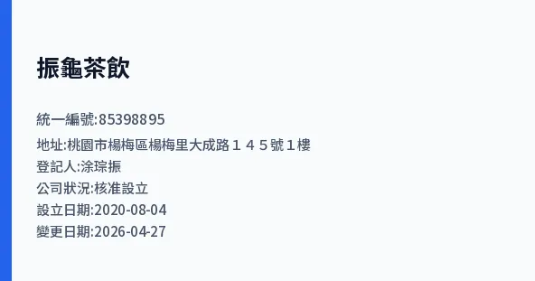 振龜茶飲的照片-統編 85398895(桃園市) 公司登記資料與營業項目詳細圖表