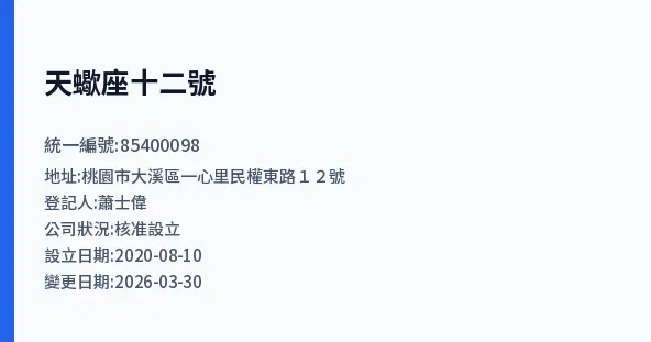 天蠍座十二號的照片-統編 85400098(桃園市) 公司登記資料與營業項目詳細圖表