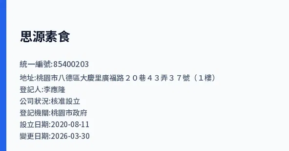 思源素食的照片-統編 85400203(桃園市) 公司登記資料與營業項目詳細圖表