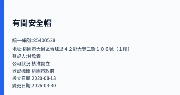 有間安全帽的照片-統編 85400528(桃園市) 公司登記資料與營業項目詳細圖表