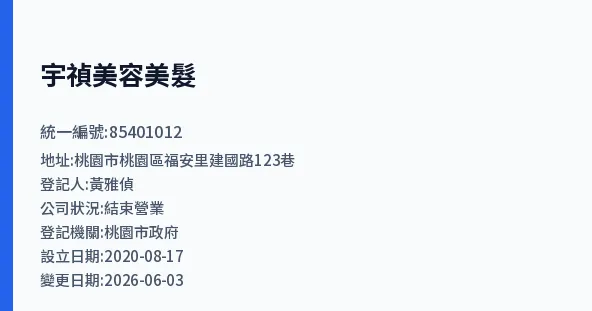 宇禎美容美髮的照片-統編 85401012(桃園市) 公司登記資料與營業項目詳細圖表