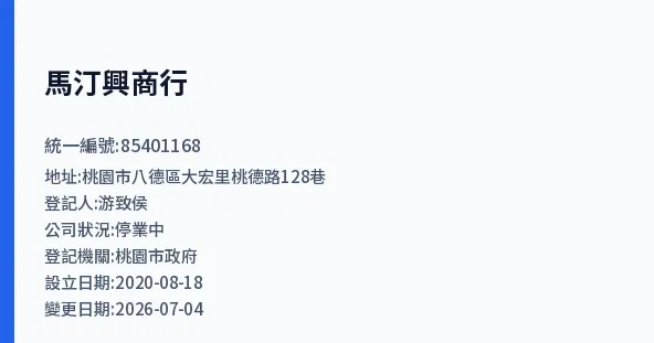 馬汀興商行的照片-統編 85401168(桃園市) 公司登記資料與營業項目詳細圖表