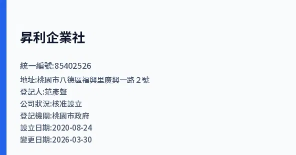 昇利企業社的照片-統編 85402526(桃園市) 公司登記資料與營業項目詳細圖表