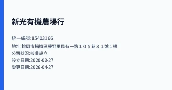 新光有機農場行的照片-統編 85403166(桃園市) 公司登記資料與營業項目詳細圖表