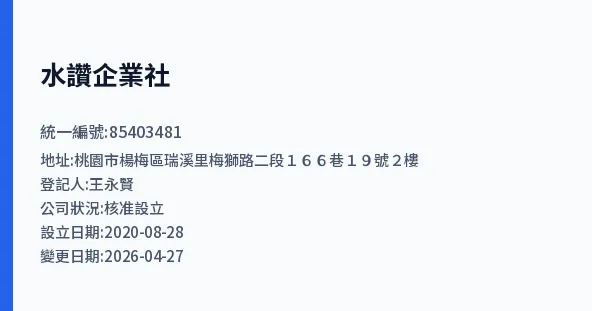水讚企業社的照片-統編 85403481(桃園市) 公司登記資料與營業項目詳細圖表
