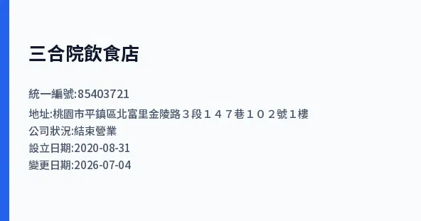 三合院飲食店的照片-統編 85403721(桃園市) 公司登記資料與營業項目詳細圖表