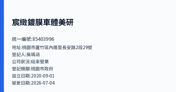 宸緻鍍膜車體美研的照片-統編 85403996(桃園市) 公司登記資料與營業項目詳細圖表