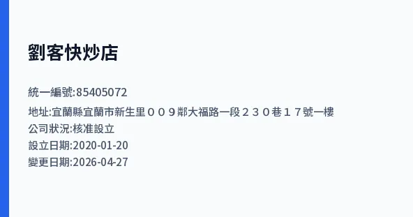劉客快炒店的照片-統編 85405072(宜蘭縣) 公司登記資料與營業項目詳細圖表