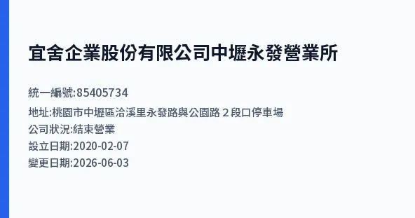 宜舍企業股份有限公司中壢永發營業所的照片-統編 85405734(桃園市) 公司登記資料與營業項目詳細圖表