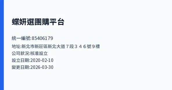 蝶妍選團購平台的照片-統編 85406179(新北市) 公司登記資料與營業項目詳細圖表