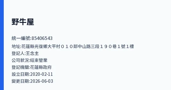 野牛屋的照片-統編 85406543(花蓮縣) 公司登記資料與營業項目詳細圖表