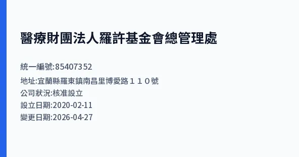 醫療財團法人羅許基金會總管理處的照片-統編 85407352(宜蘭縣) 公司登記資料與營業項目詳細圖表