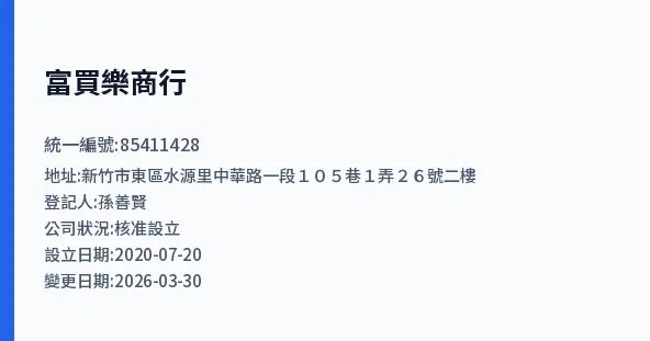 富買樂商行的照片-統編 85411428(新竹市) 公司登記資料與營業項目詳細圖表