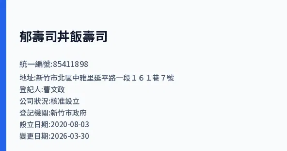 郁壽司丼飯壽司的照片-統編 85411898(新竹市) 公司登記資料與營業項目詳細圖表