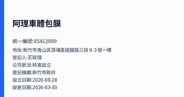 阿理車體包膜的照片-統編 85412989(新竹市) 公司登記資料與營業項目詳細圖表
