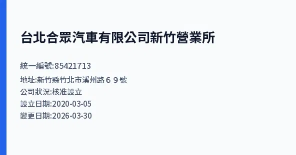 台北合眾汽車有限公司新竹營業所的照片-統編 85421713(新竹縣) 公司登記資料與營業項目詳細圖表