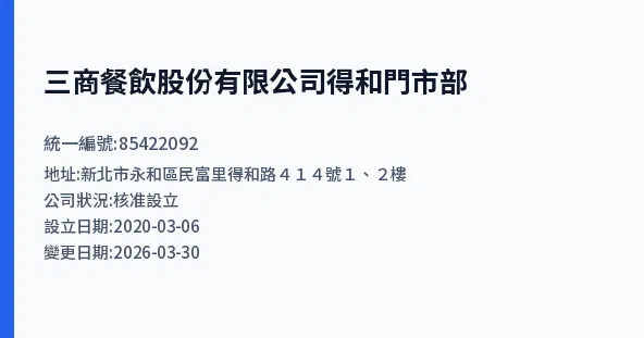 三商餐飲股份有限公司得和門市部的照片-統編 85422092(新北市) 公司登記資料與營業項目詳細圖表