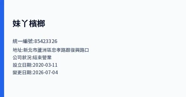 妹丫檳榔的照片-統編 85423326(新北市) 公司登記資料與營業項目詳細圖表