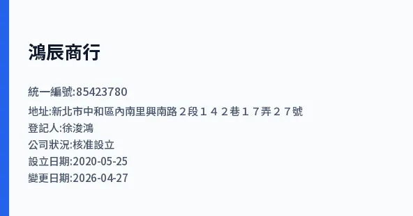 鴻辰商行的照片-統編 85423780(新北市) 公司登記資料與營業項目詳細圖表