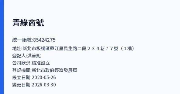 青綠商號的照片-統編 85424275(新北市) 公司登記資料與營業項目詳細圖表