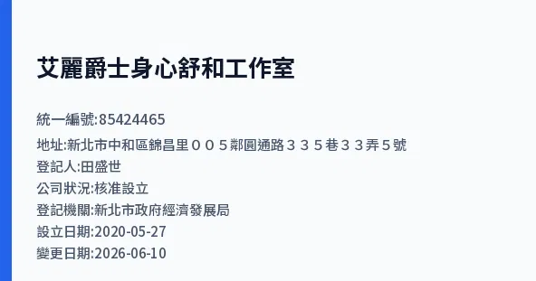 艾麗爵士身心舒和工作室的照片-統編 85424465(新北市) 公司登記資料與營業項目詳細圖表