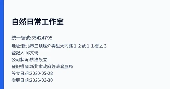 自然日常工作室的照片-統編 85424795(新北市) 公司登記資料與營業項目詳細圖表